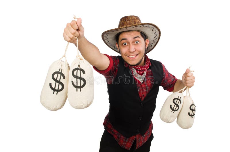 Young Cowboy with Money Bags Isolated on White Stock Image - Image of ...