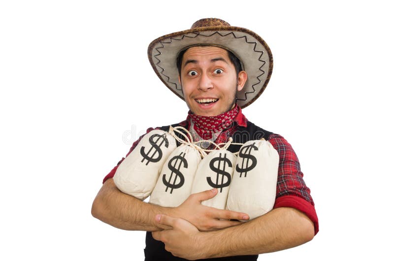 Young Cowboy with Money Bags Isolated on White Stock Image - Image of ...