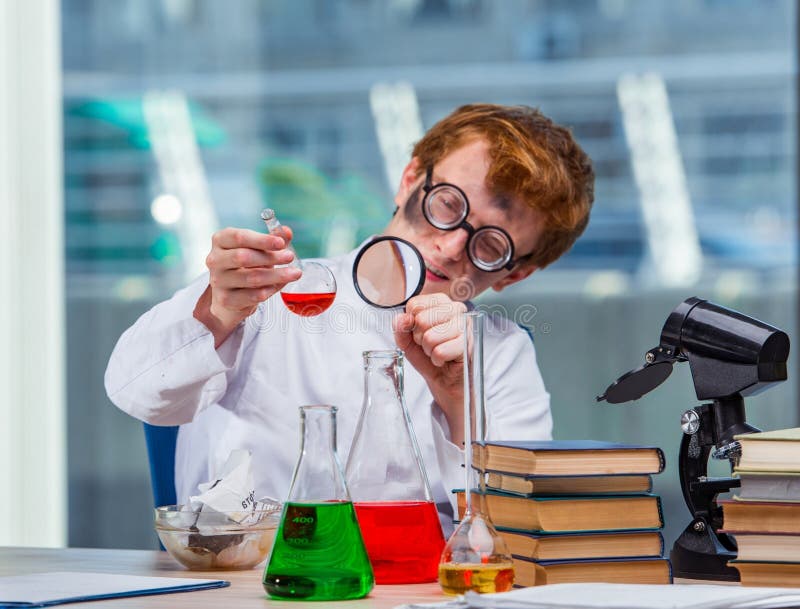 Young Crazy Chemist Working in the Lab Stock Image - Image of funny ...