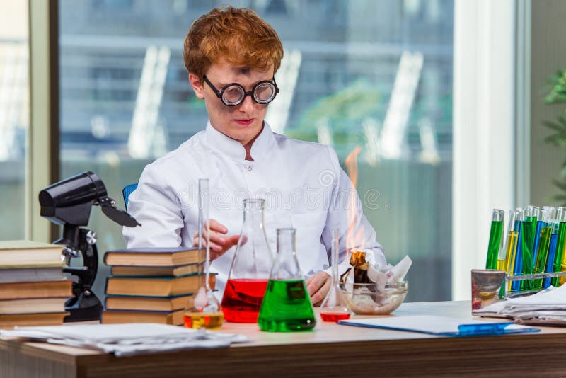 The Young Crazy Chemist Working in the Lab Stock Photo - Image of ...