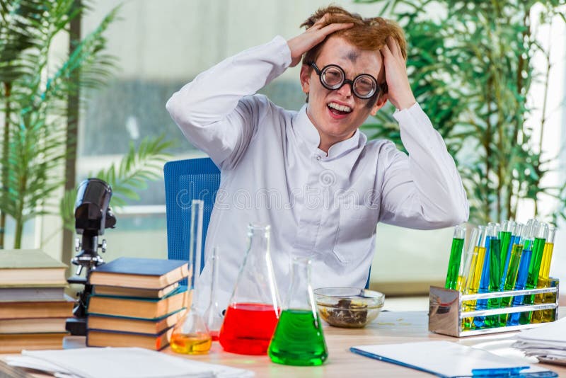 The Young Crazy Chemist Working in the Lab Stock Image - Image of male ...
