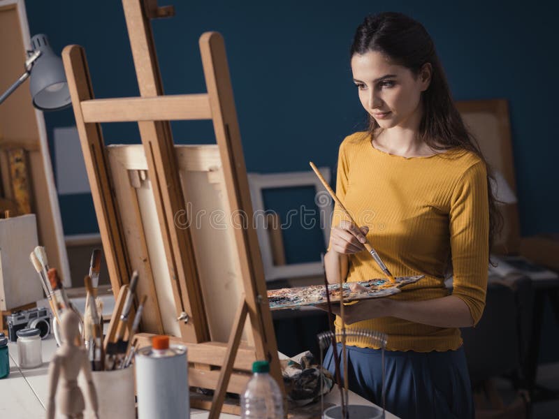 Young Creative Artist Painting in the Studio Stock Image - Image of ...