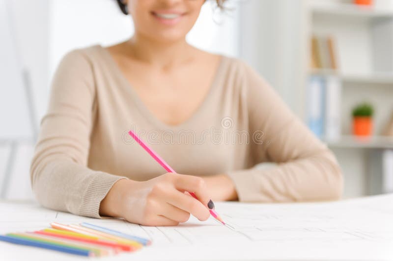 Young Creative Employee is Coloring a Drafting Stock Photo - Image of ...