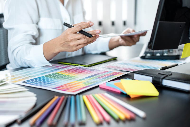 Young Creative Graphic Designer Working on Color Selection and Drawing ...