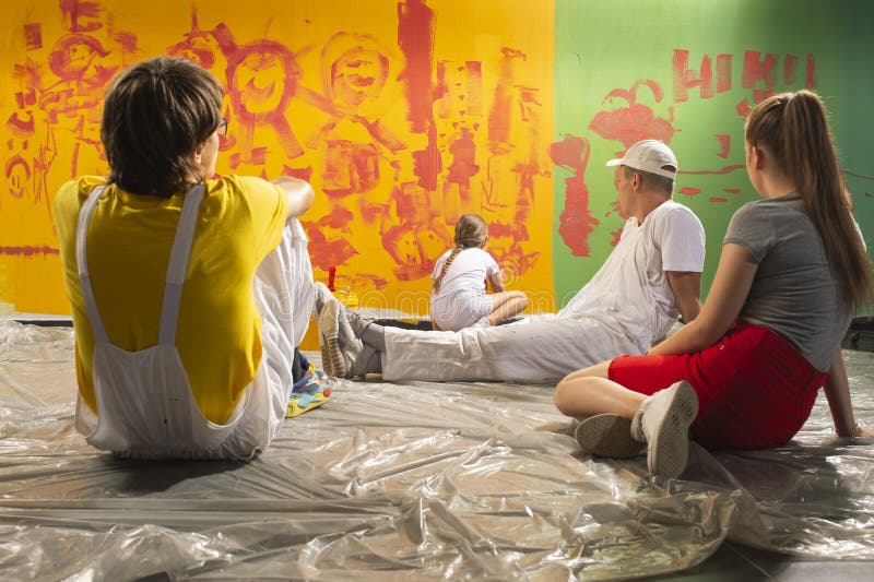 Young Creative People Painting Wall for Fun Stock Photo - Image of girl ...