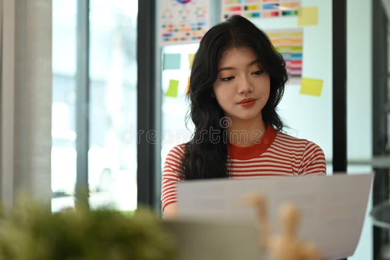 Young Creative Woman Working with Color Palette, Choosing Color Samples ...