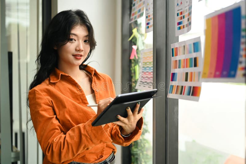 Young Creative Woman Working with Color Palette, Choosing Color Samples ...