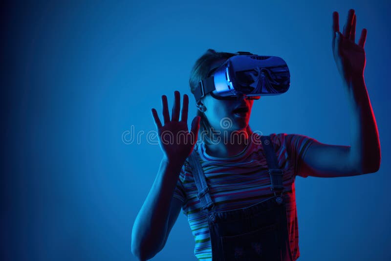 Young Cute Girl Playing Vr. with Creative Blue-red Light Stock Image ...