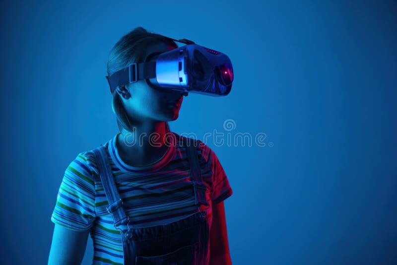 Young Cute Girl Playing Vr. with Creative Blue-red Light Stock Image ...