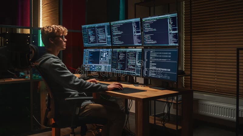Young Cyber Security Expert Writing Code on Desktop PC with ...