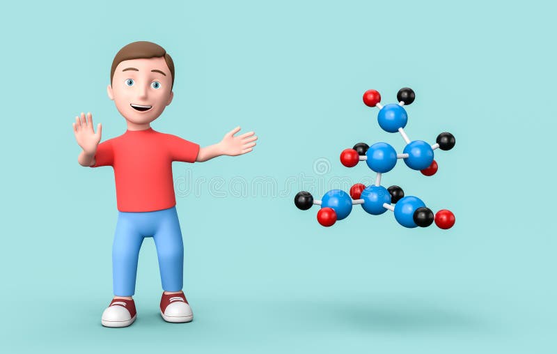 Young 3D Cartoon Character and Molecule on Blue Background Stock ...