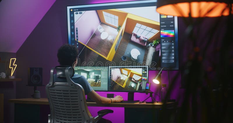 Young 3D Designer Works on Interior Design Project on PC Stock Image ...