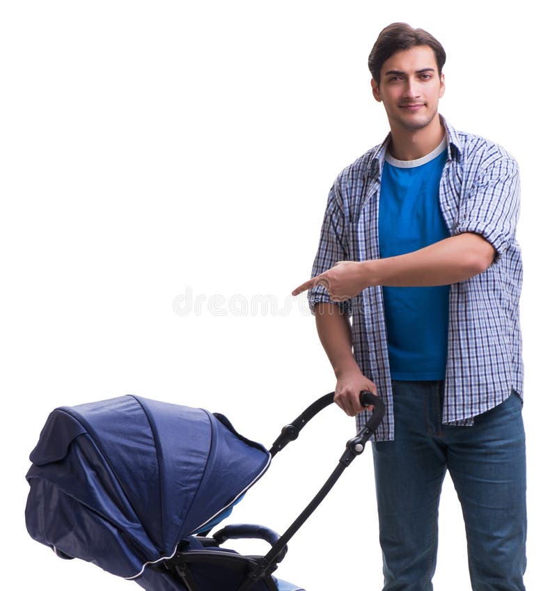 Young Dad with Child Pram Isolated on White Stock Image - Image of ...