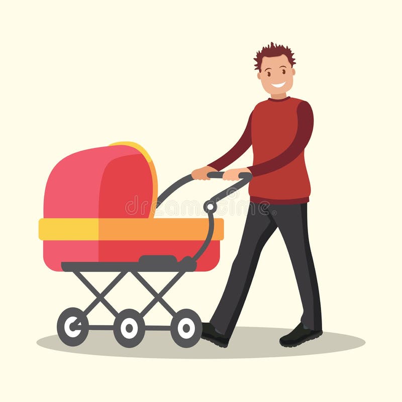 Cartoon Cute Dad With A Stroller. Vector Stock Vector - Illustration of ...