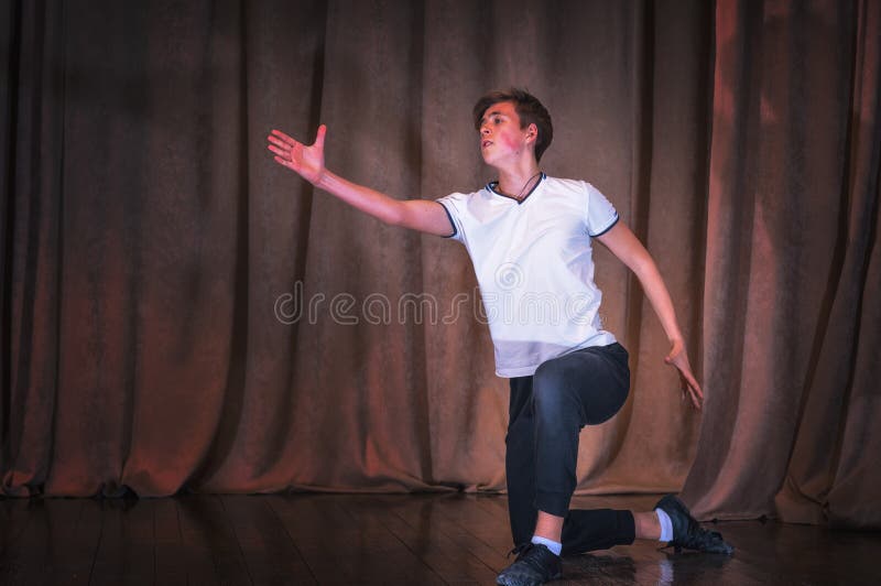 Young Dancer Guy Rehearsing on Stage, Dance Elements Stock Photo ...