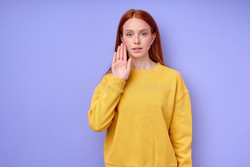 Young Deaf Mute Red-haired Woman Using Sign Language on Blue Background ...