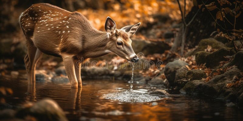 Young Deer Drinks Water from Puddle in the Forest Stock Image - Image ...