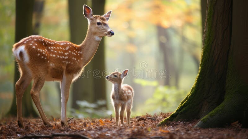 A Young Deer and Its Mother in a Forest Stock Illustration ...