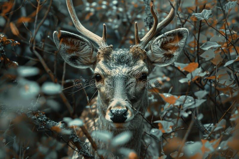 Young Deer Looking through Bushes in the Forest Stock Image - Image of ...