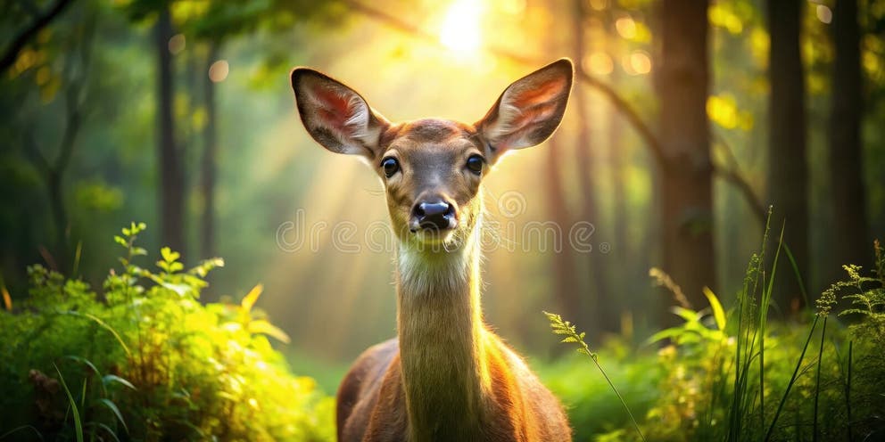 A Young Deer in a Sun-dappled Forest, Looking Directly at the Camera. Generative AI Stock ...
