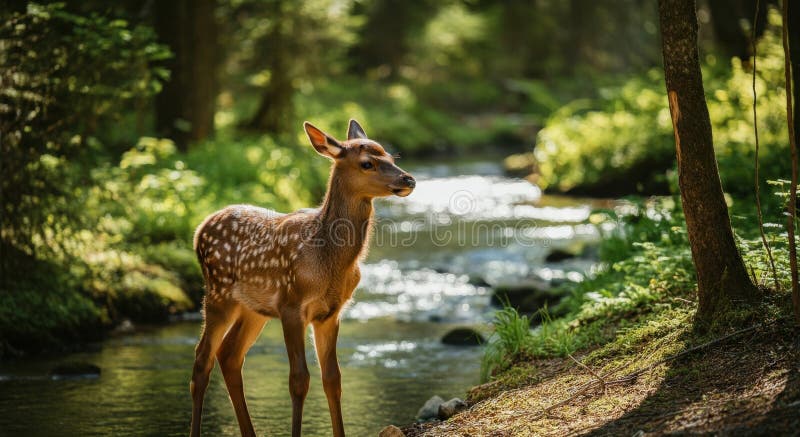 Young Deer in Sunlit Forest Stream Scene Capturing Nature S Tranquility ...