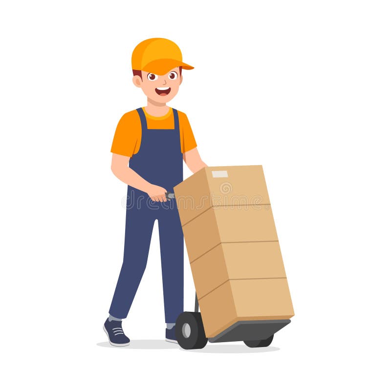 Young Delivery Man Push Cart with Package Box Stock Vector ...