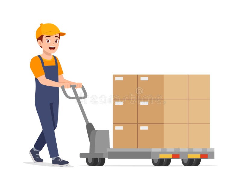 Young Delivery Man Push Cart with Package Box Stock Vector ...