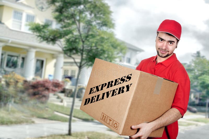 Delivery Man in Red Uniform Holding the Box Stock Image - Image of ...