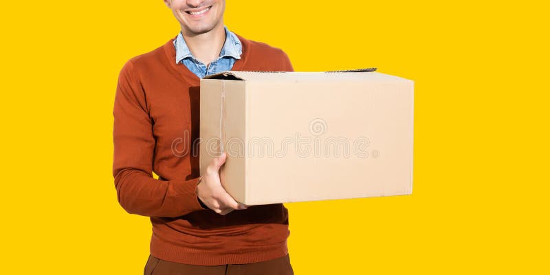 Young Delivery Man Standing with Parcel Post Box Stock Image - Image of ...