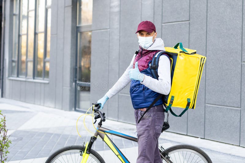 Young Delivery Man with Yellow Backpack Takeaway Concept Stock Image ...