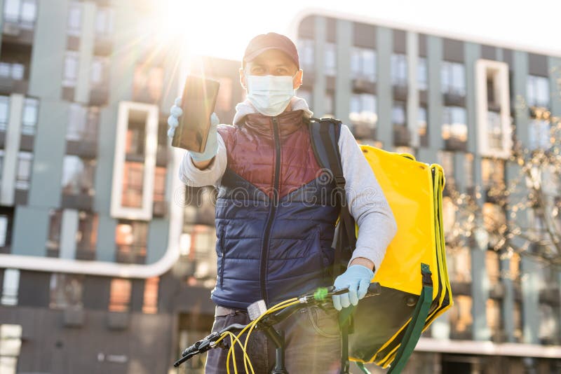Young Delivery Man with Yellow Backpack Takeaway Concept Stock Image ...