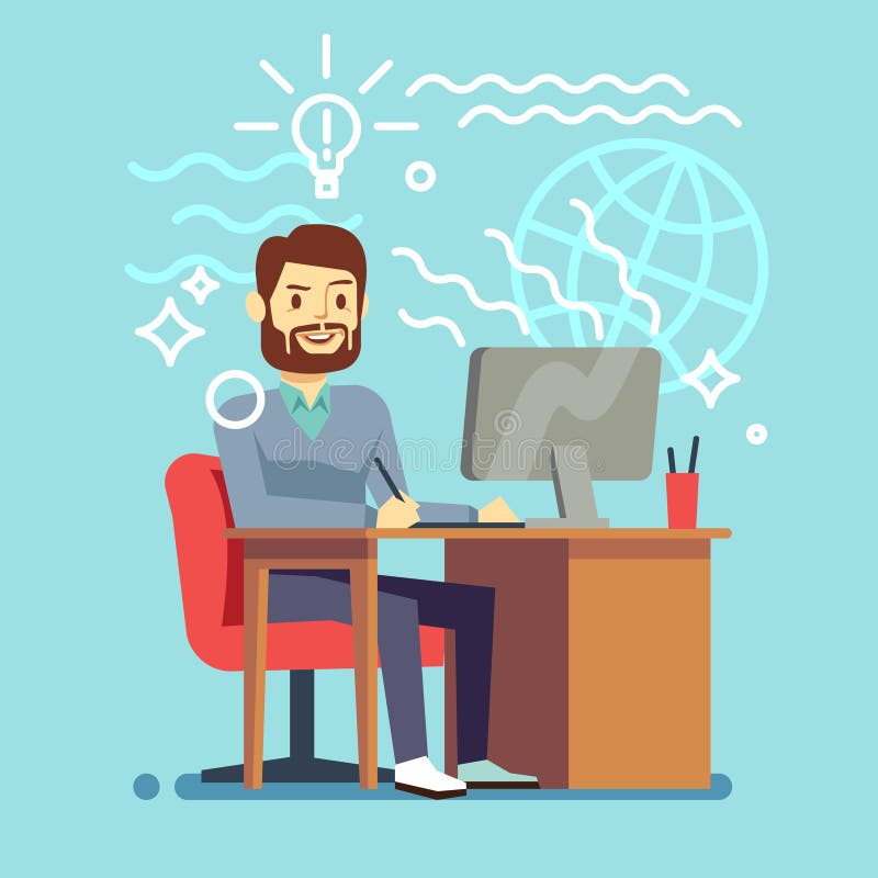 Young Designer Man Working at Computer. Vector Creative Process Concept ...