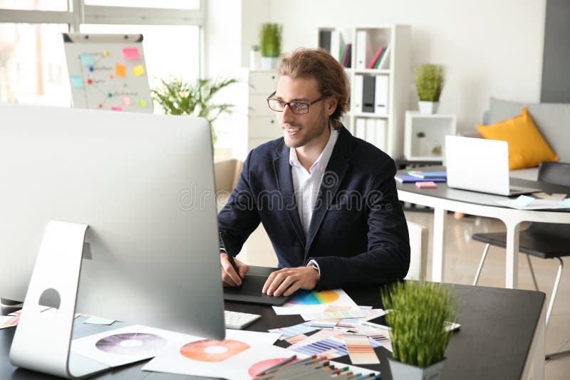 Young Designer Working in Office Stock Photo - Image of computer ...