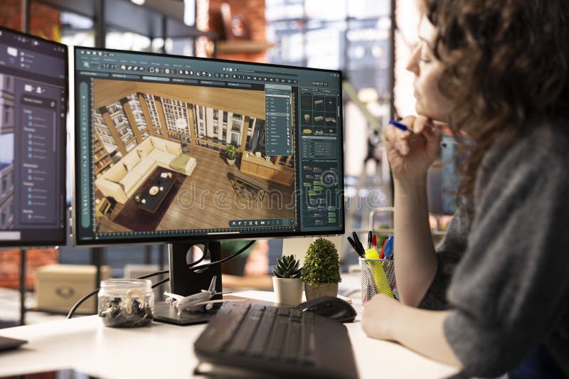 Young Designer Works on Remodeling Project Using Architectural Software on Pc Stock Photo ...