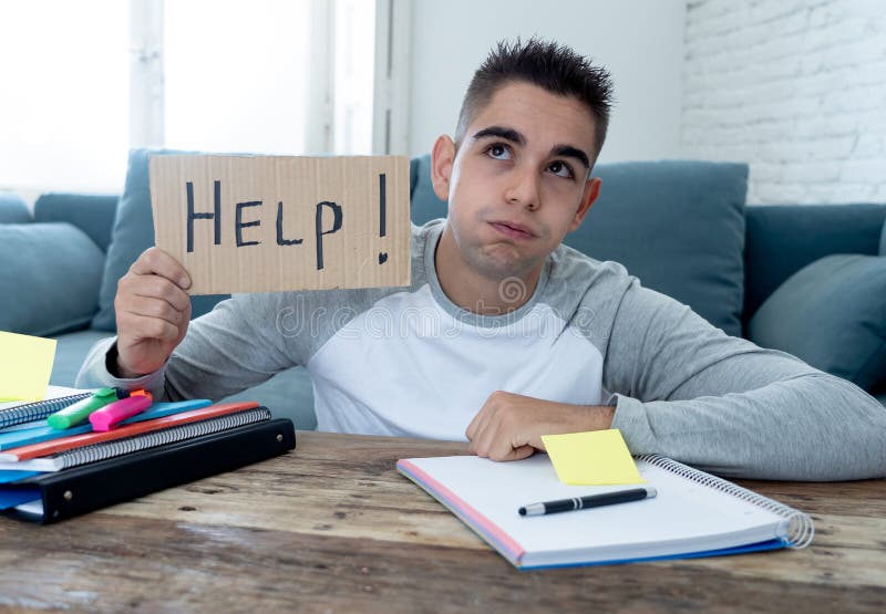 Young Desperate Student in Stress Working and Studying Holding a Help ...