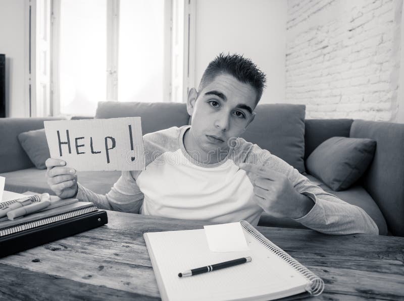 Young Desperate Student in Stress Working and Studying Holding a Help ...