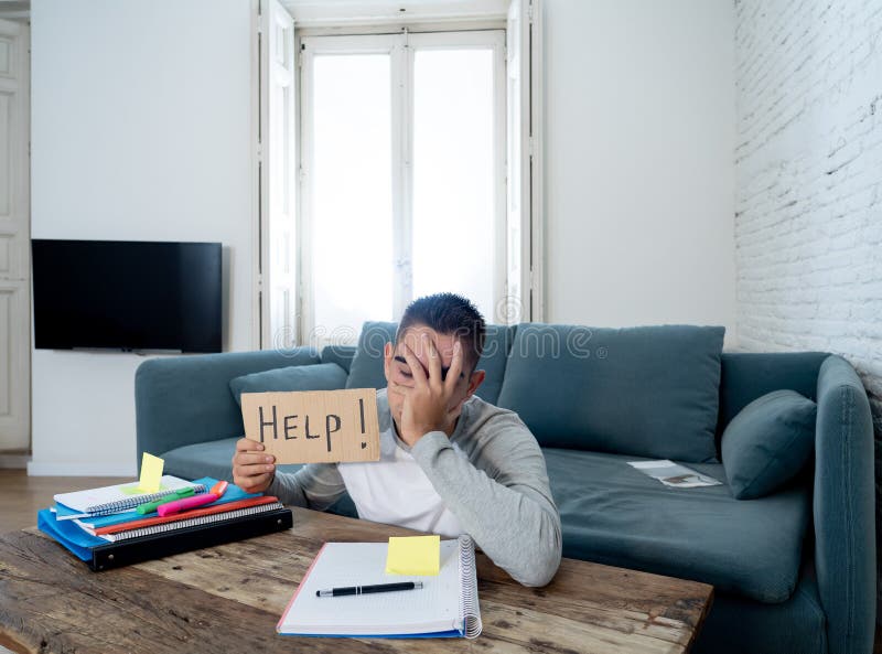 Young Desperate Student in Stress Working and Studying Holding a Help ...