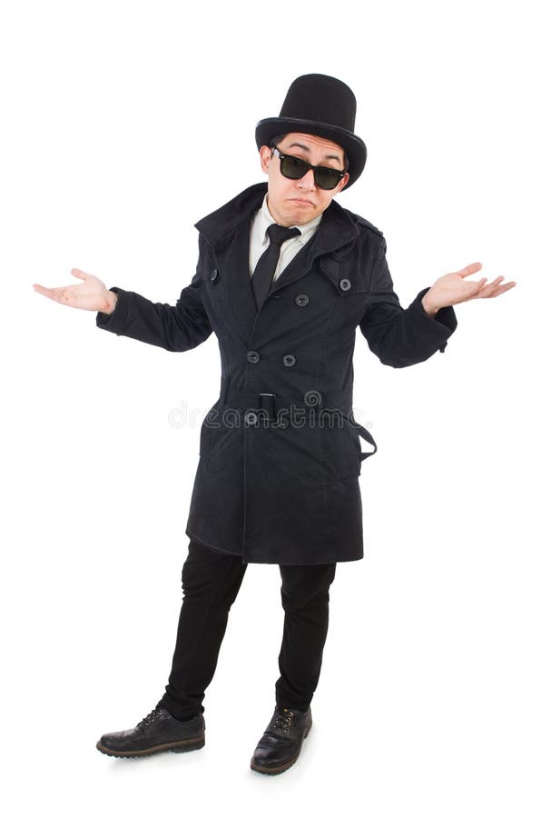 The Young Detective in Black Coat Isolated on Stock Image - Image of ...