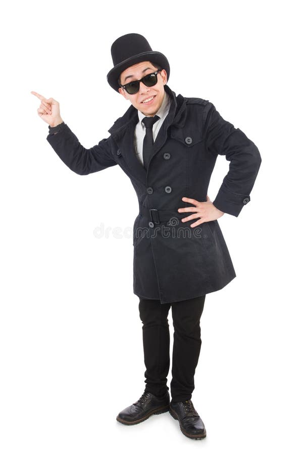 The Young Detective in Black Coat Isolated on White Stock Image - Image ...