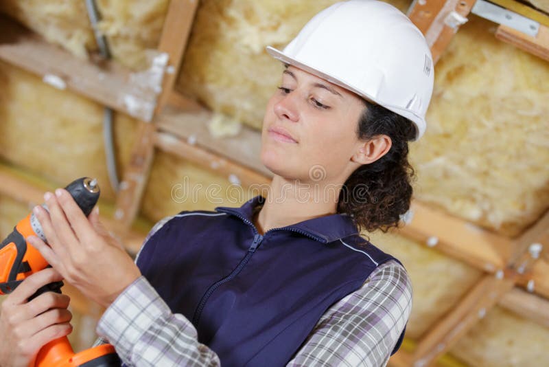 Young Determinated Woman Using Drill Stock Image - Image of builder ...
