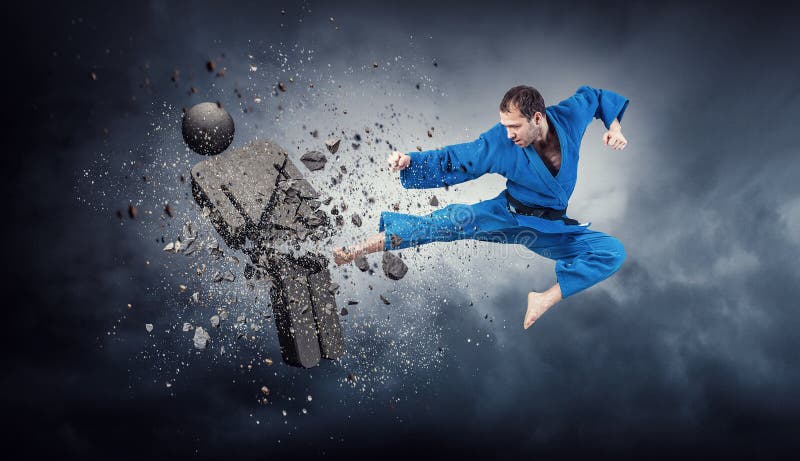 Karate Man Attack Opponent. Mixed Media Stock Image - Image of male ...