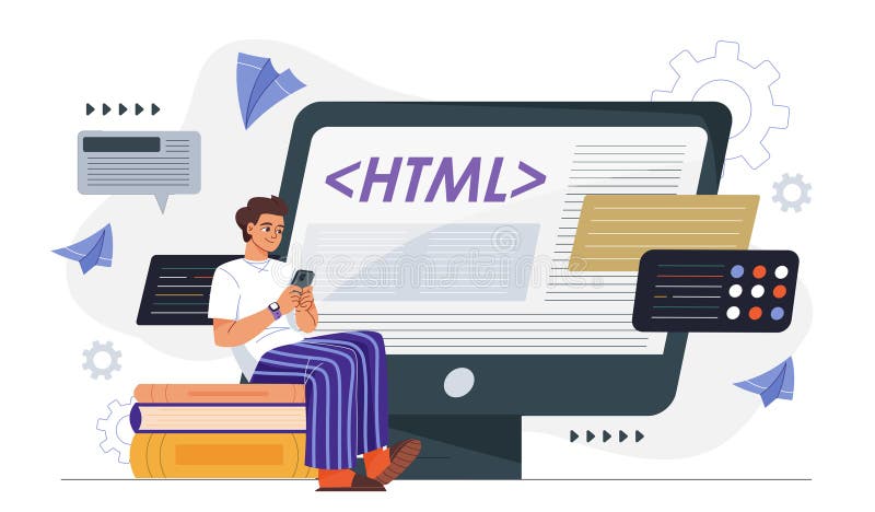Young Developer Learning HTML Code. Vector Illustration Stock Illustration - Illustration of ...