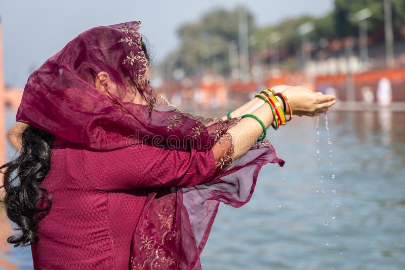 Young Devotee Praying for Holy God after Bathing in Holy River Water at ...
