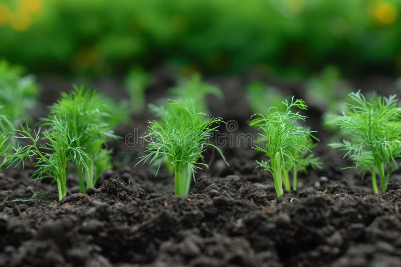 Young Dill Sprouts in Organic Soil with Greenery. Stock Photo - Image ...
