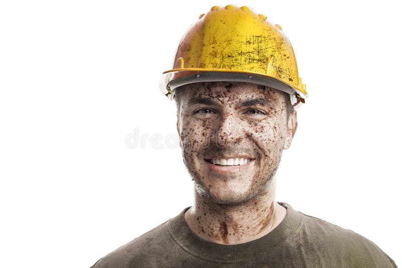 Young Dirty Worker Man with Hard Hat Helmet Holding a Hammer a Stock ...