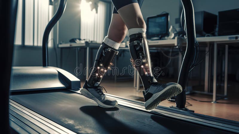 A Young Disabled Man with a Prosthesis Runs on a Treadmill at the ...