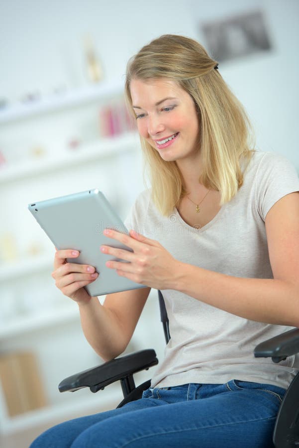 Young Disabled Woman Using Tablet Computer Stock Image - Image of face ...