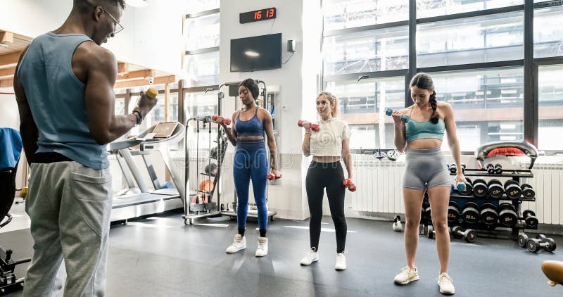 Young Diverse Ladies Using Dumbbells while Training with Instructor ...