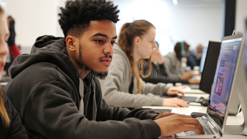 Young Diverse Students Engaged in Computer Learning in a Bright ...