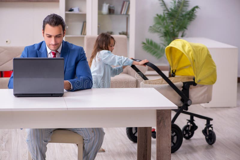 Young Divorced Father of Two Children Working from House Stock Image ...
